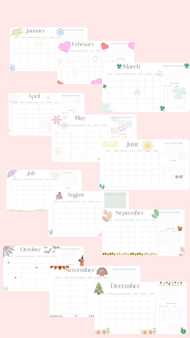 School Calendar - 12 Month With Themed Months, Blank Calendar ...