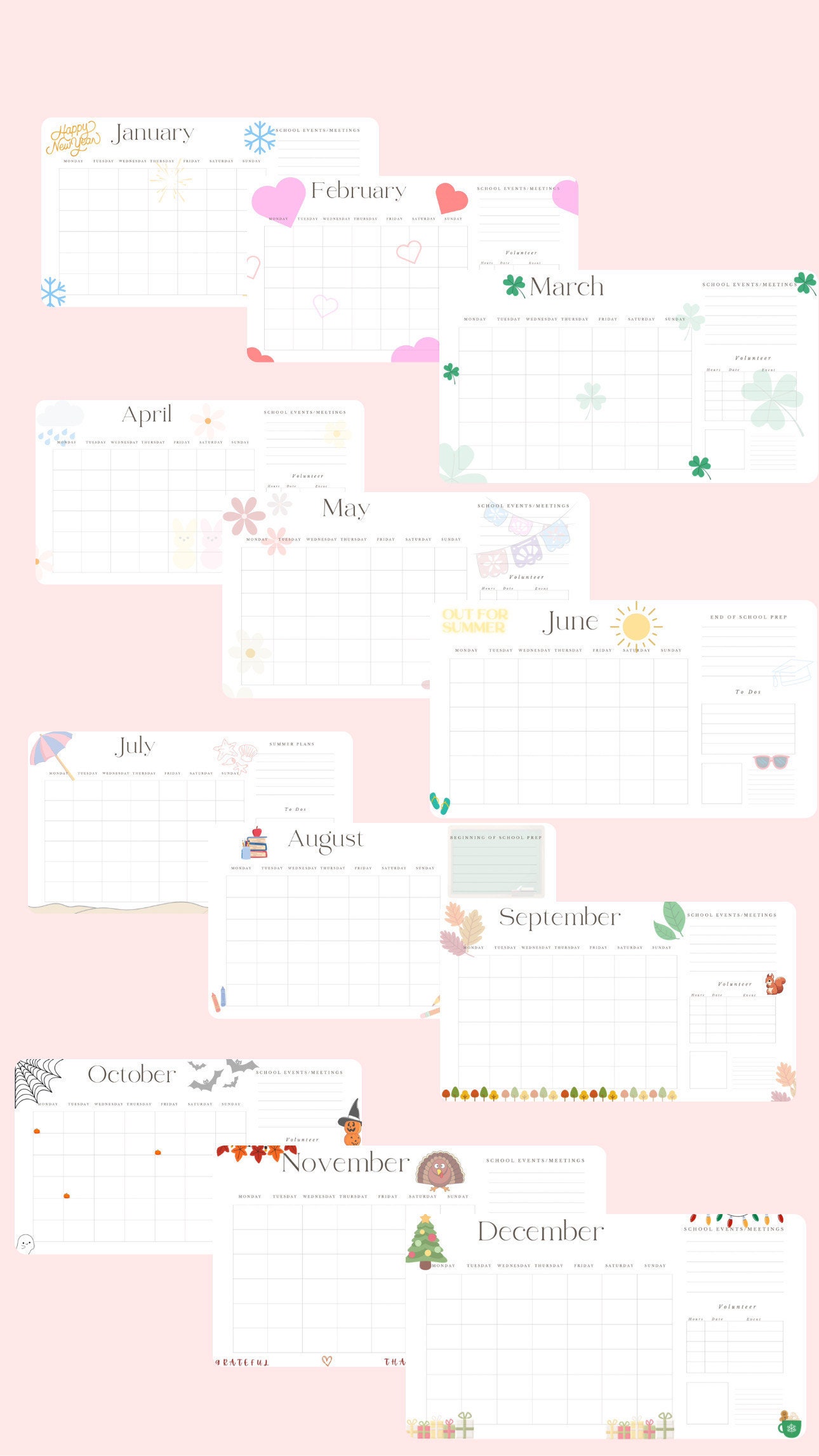 School Calendar - 12 Month With Themed Months, Blank Calendar ...