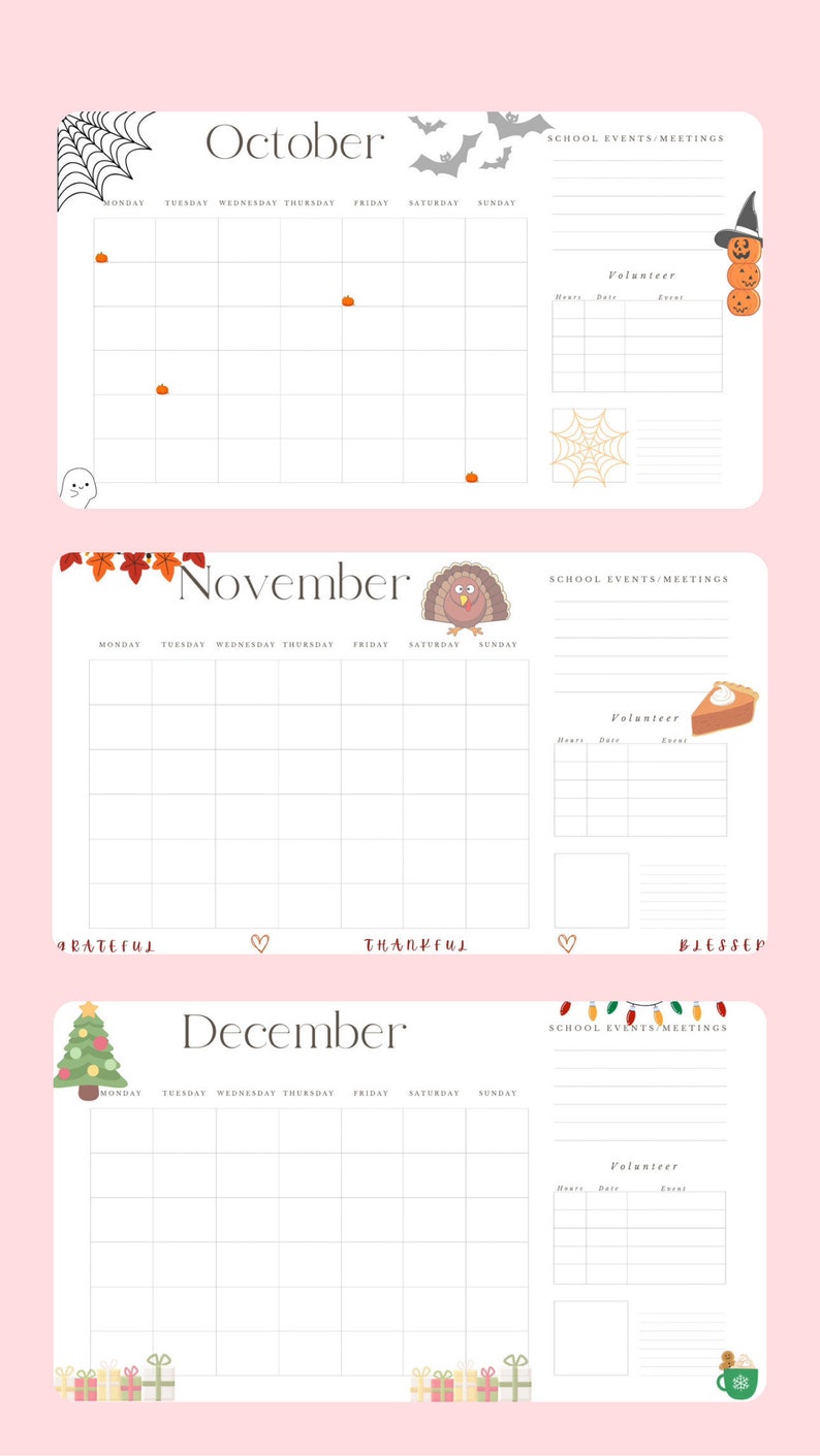 School Calendar 12 Month With Themed Months, Blank Calendar, Printable ...