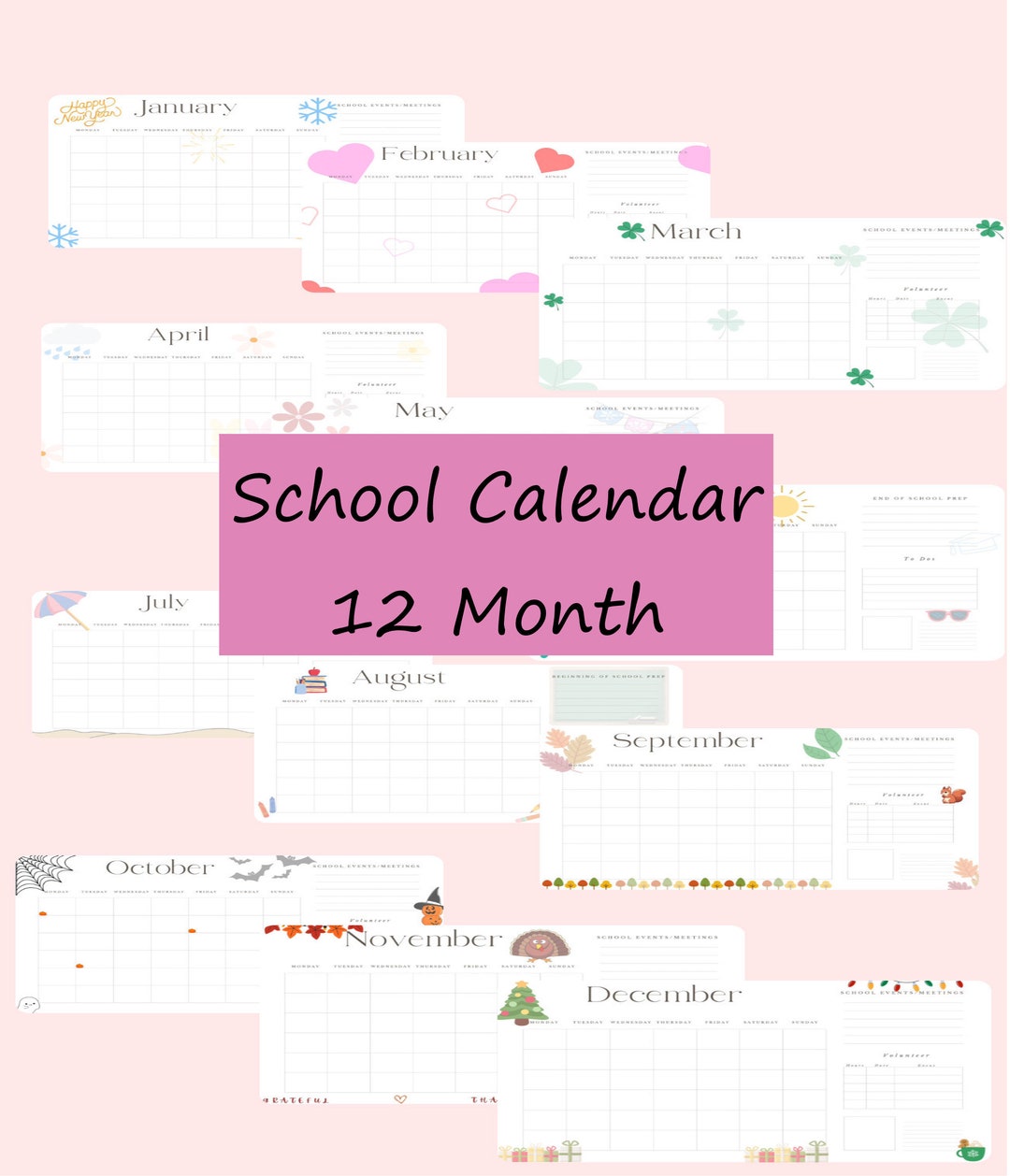 School Calendar - 12 Month With Themed Months, Blank Calendar ...