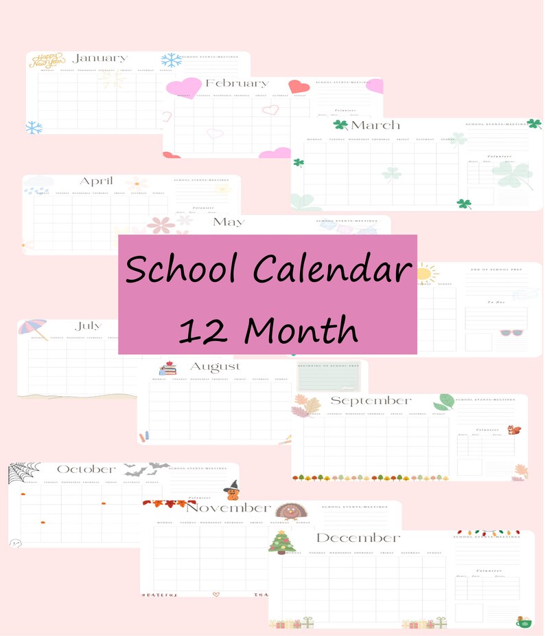 School Calendar - 12 Month With Themed Months, Blank Calendar ...