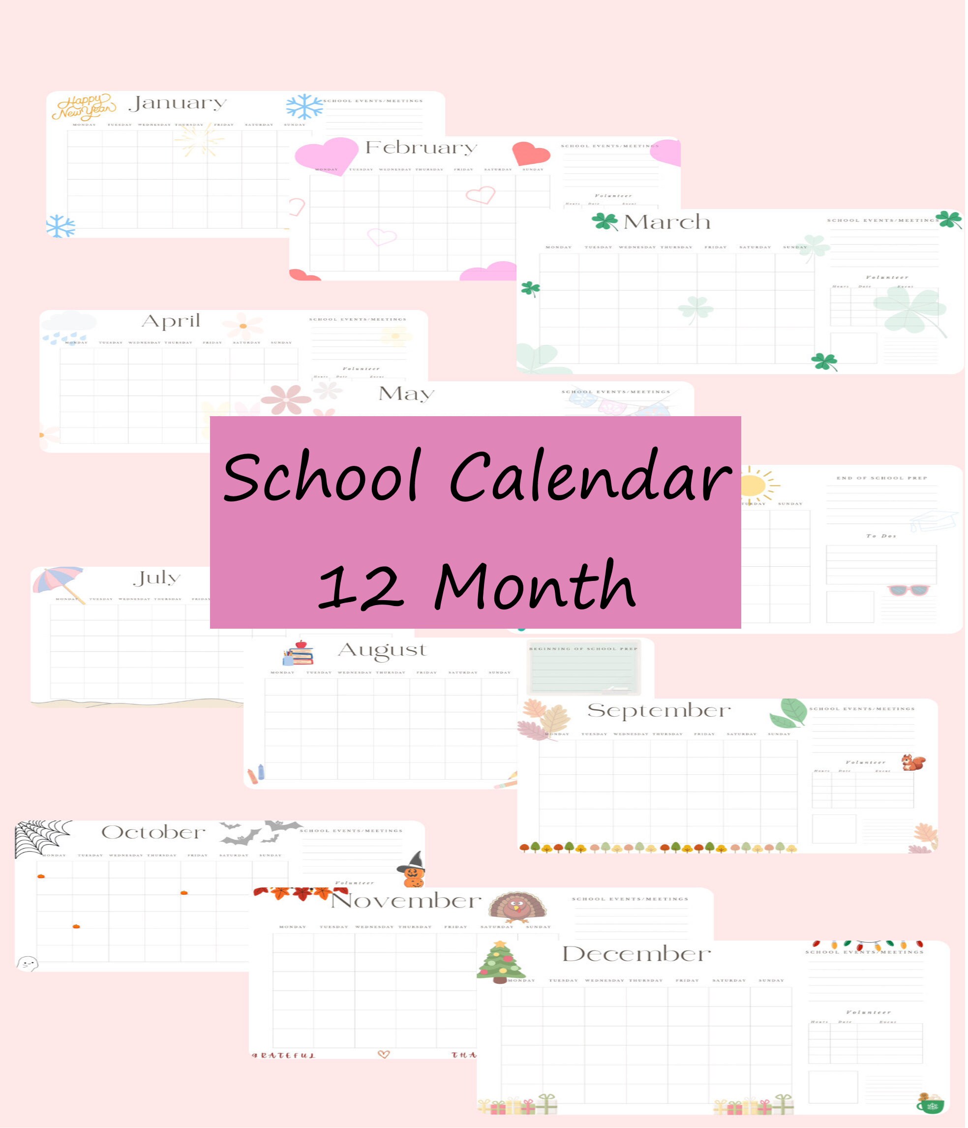 School Calendar - 12 Month With Themed Months, Blank Calendar ...