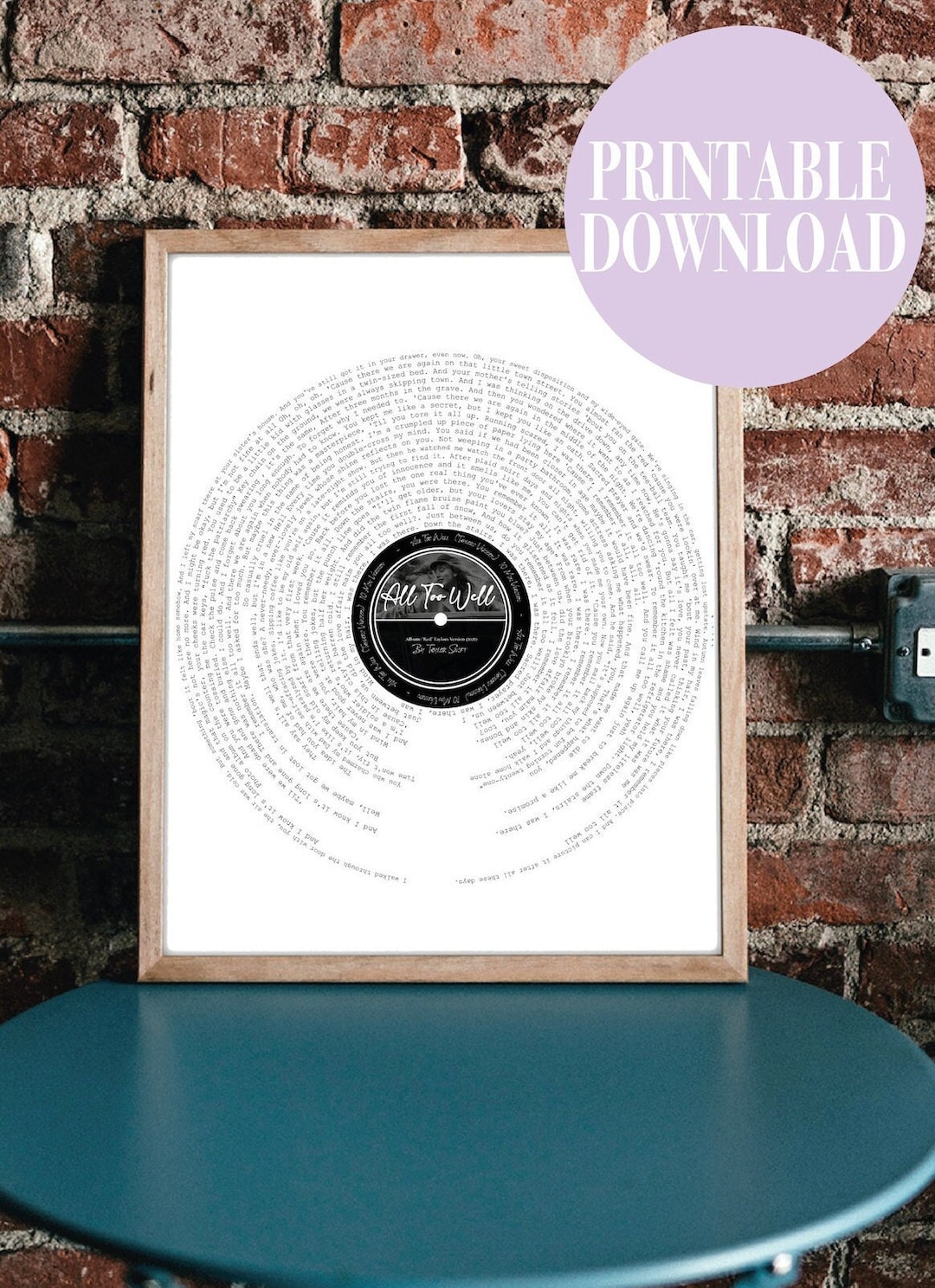 All Too Well Print **instant Download** Taylor Swift TV || Vinyl Lyric ...