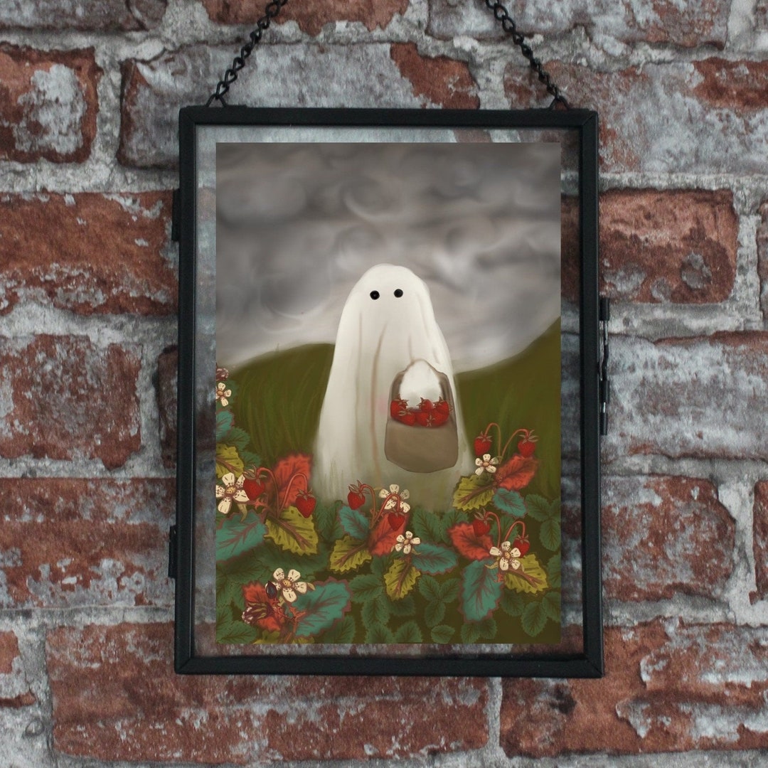 Strawberry Ghost Original Art Print Spooky Art, Colorful Painting, Cute ...