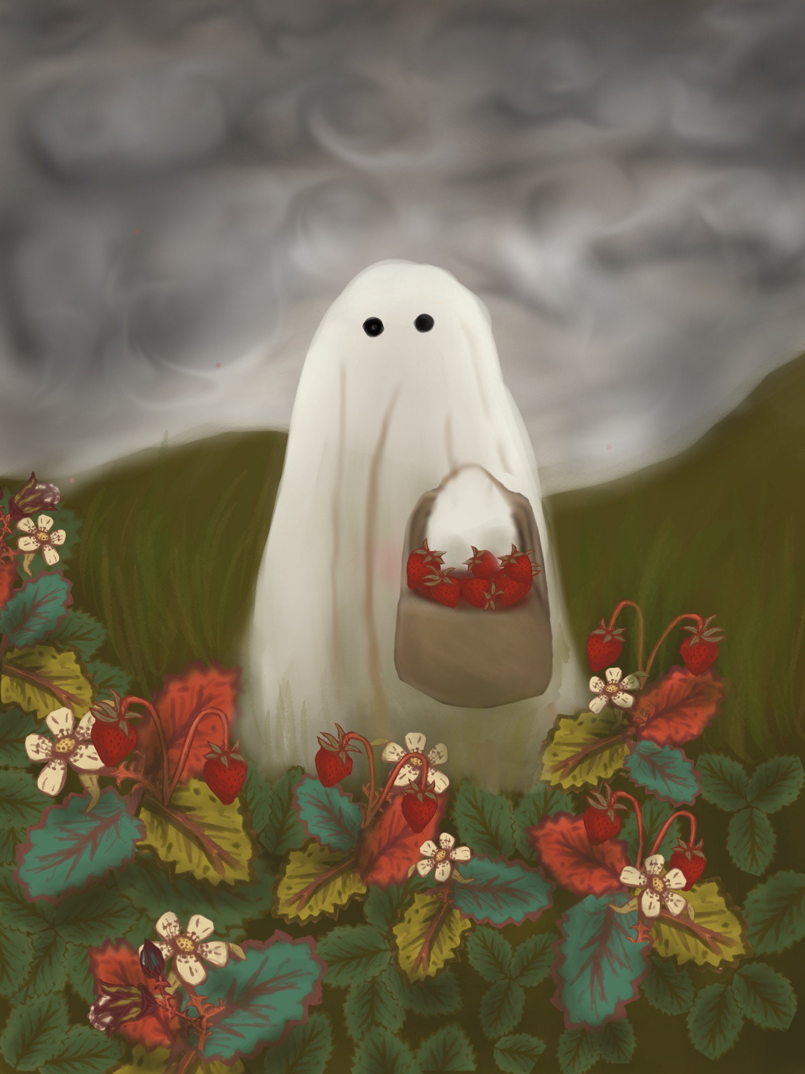 Strawberry Ghost Original Art Print Spooky Art, Colorful Painting, Cute ...