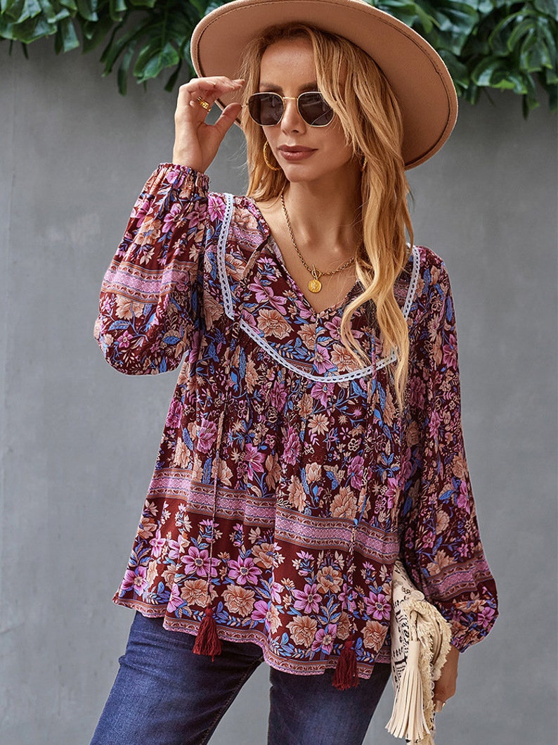 Women Summer Long Sleeve Floral Print Boho O-neck Pullovers Top Blouse ...