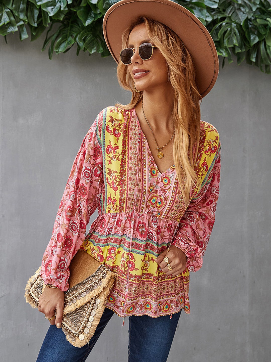 Women Summer Long Sleeve Floral Print Boho O-neck Pullovers Top Blouse ...