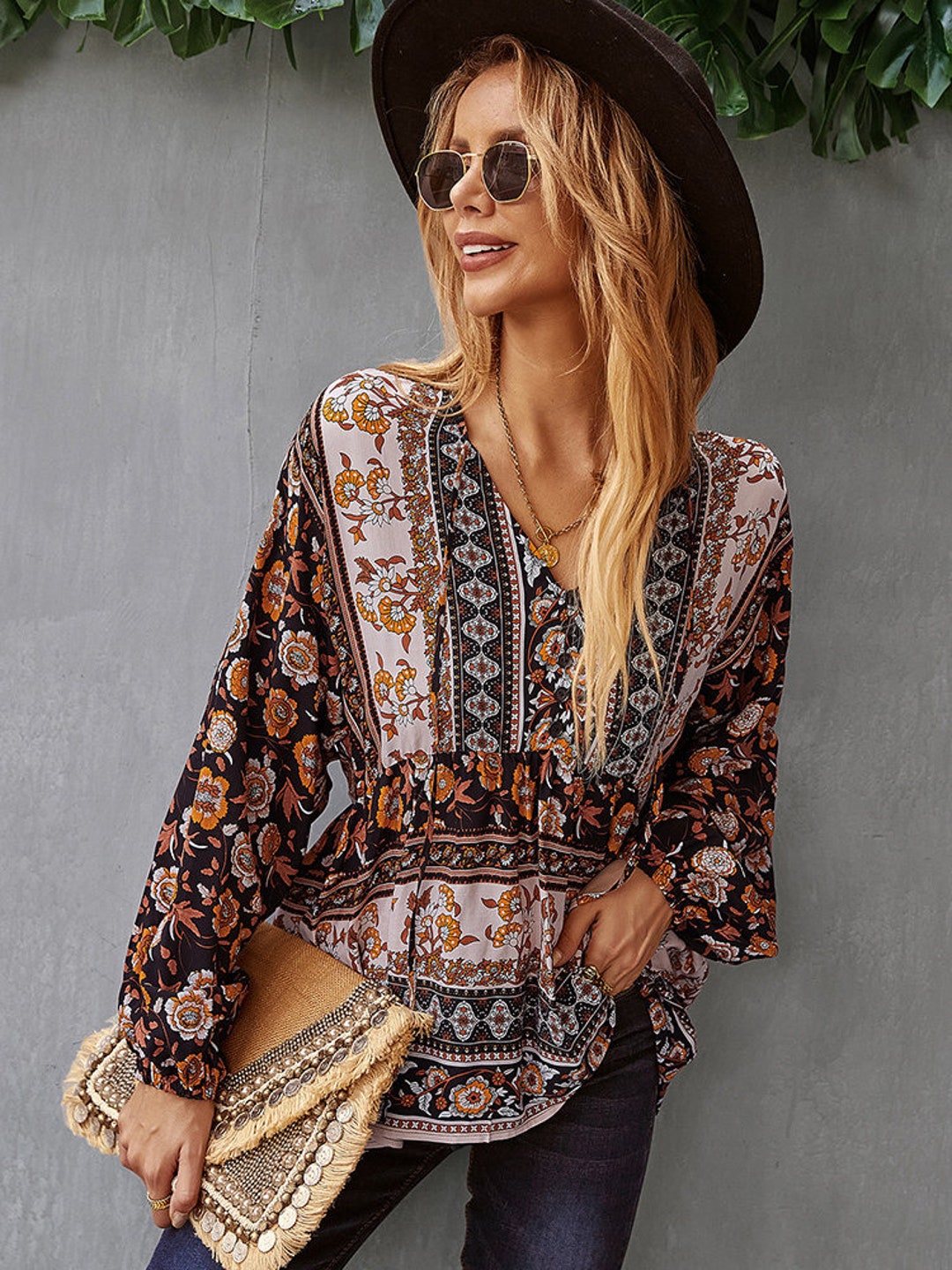 Women Summer Long Sleeve Floral Print Boho O-neck Pullovers Top Blouse ...