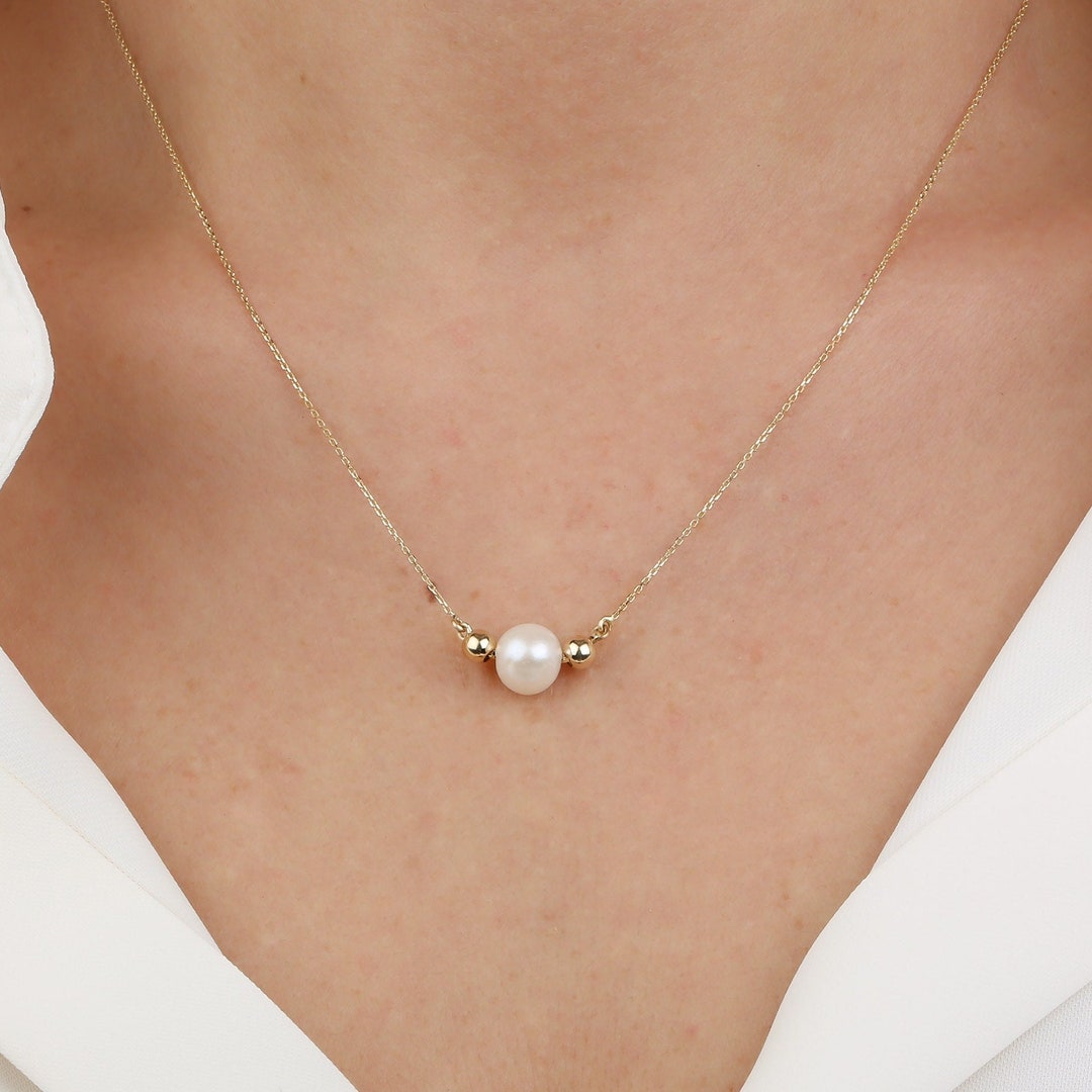 14k Gold Single Bold Pearl Necklace W/gold Beads Deliciate - Etsy
