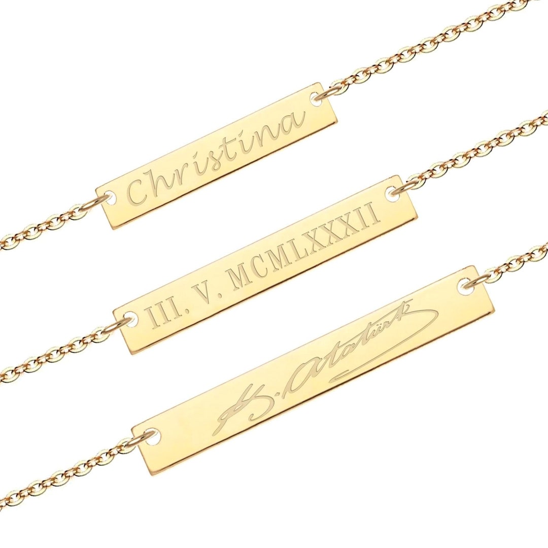 14K Gold Custom Bar Necklace - Personalized Roman Numeral Engravable ...