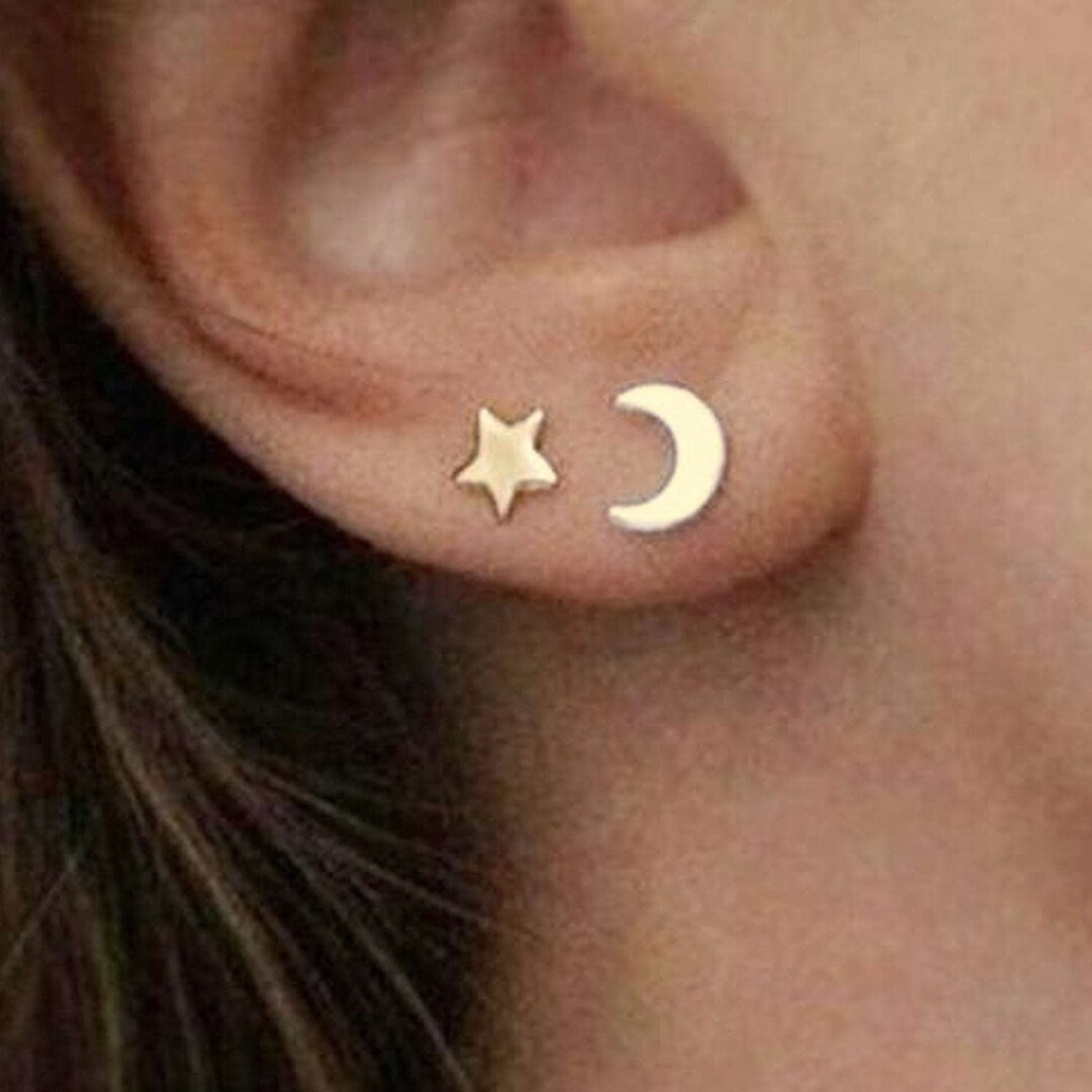 14K Solid Gold Crescent Moon and Star Stud Earrings, Tiny Crescent Moon ...