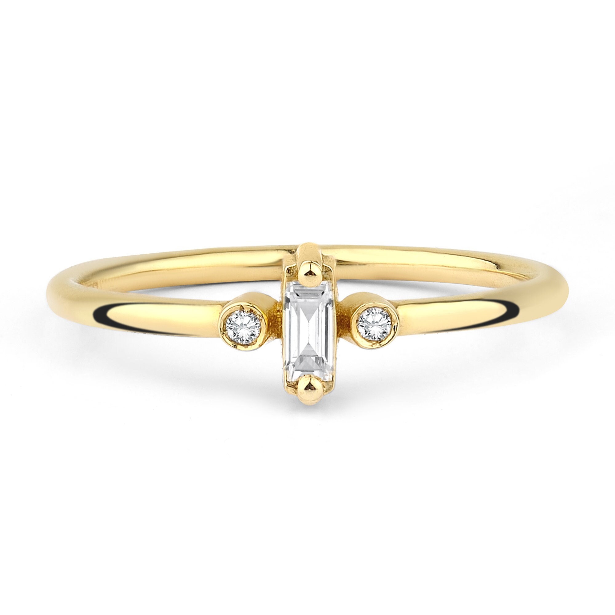14k Gold Vertical Baguette Ring W/tiny Bezel Diamond Gems - Etsy