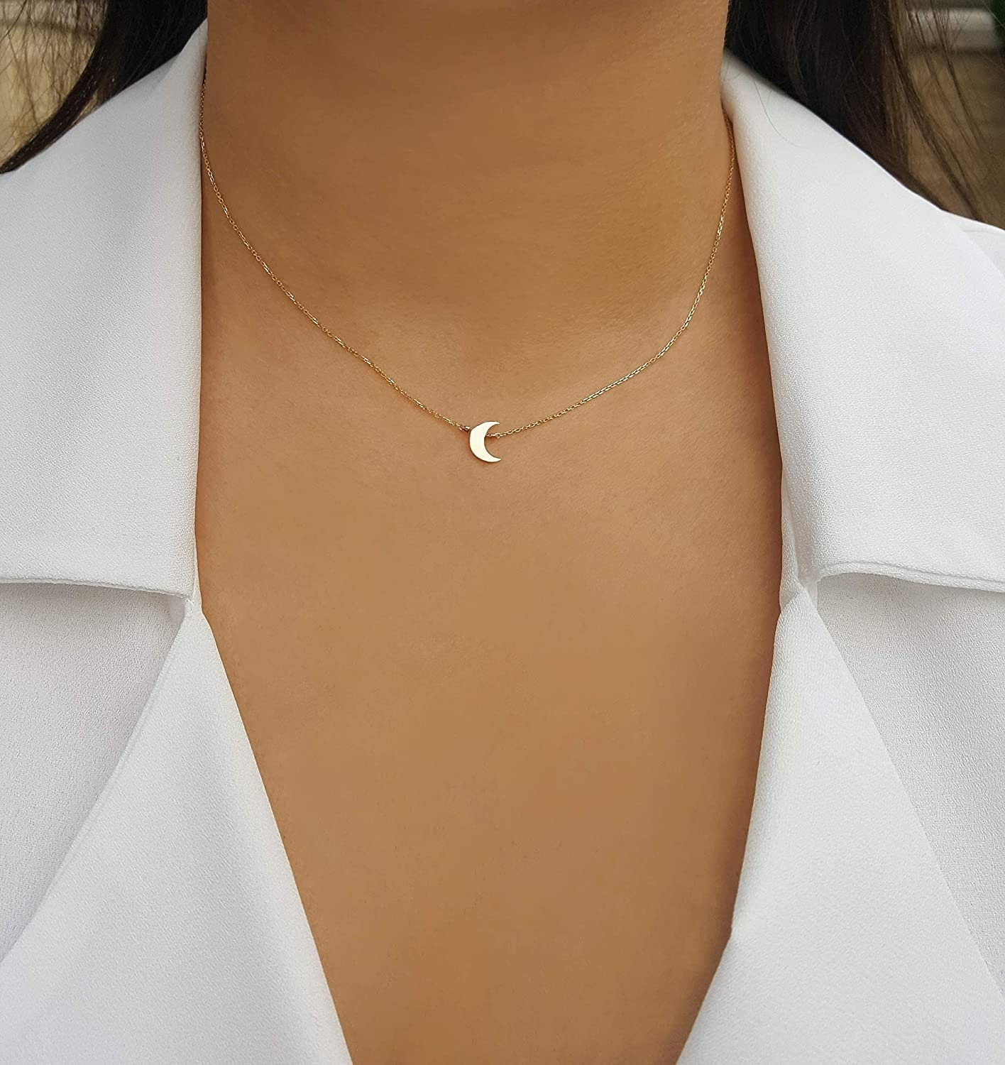 14K Solid Gold Crescent Moon Choker Necklace Celestial Moon | Etsy