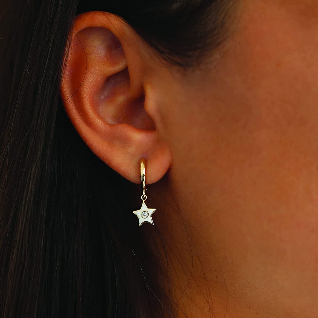 Star Hoos Gold Earring, Mini Celestial Earrings, Dangle Star & Crescent ...