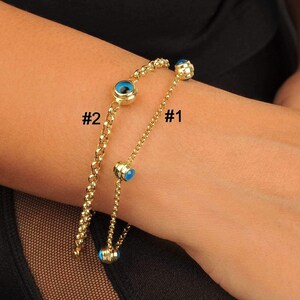 14K Solid Gold Evil Eye Bracelet With Thicker or Thinner Rolo Chain Options, 2 Sided Eye Gold ...