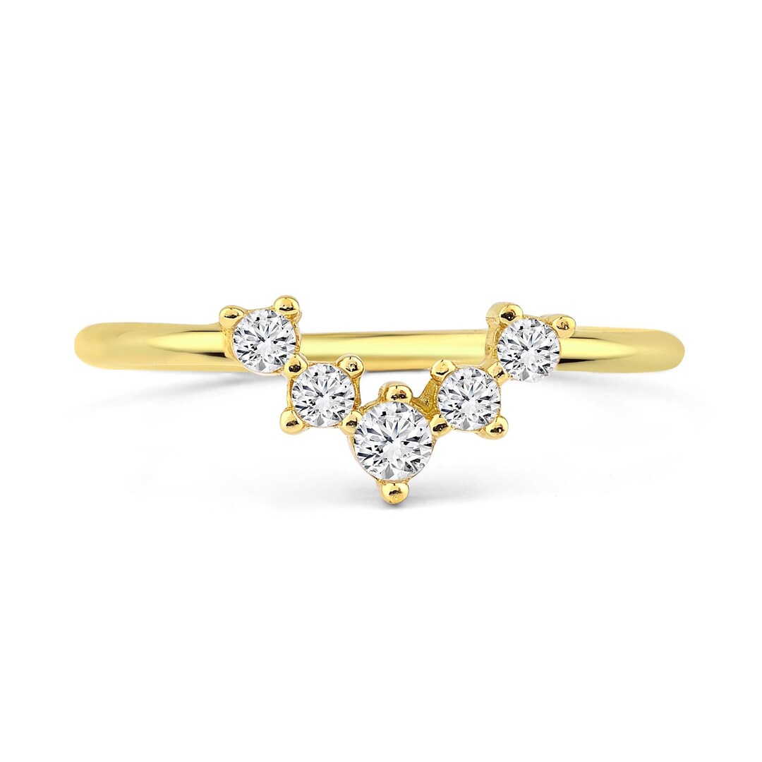 14k Gold Chevron Contoured Diamond Wave Ring | V Cut Midi Gem Ring ...