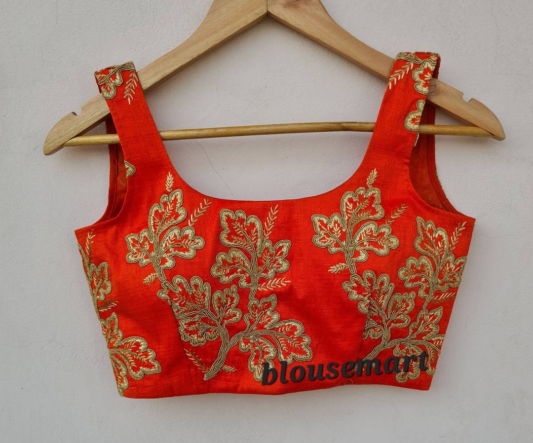 Orange Silk Scoop Neck Blouse Indian Designer Blouse Cutsleeves