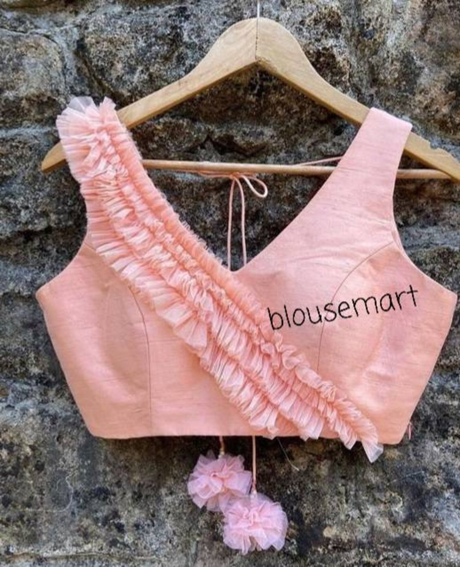 Peach Silk Blouse, V Neck Frill Blouse, Indian Designer Blouse, Saree ...