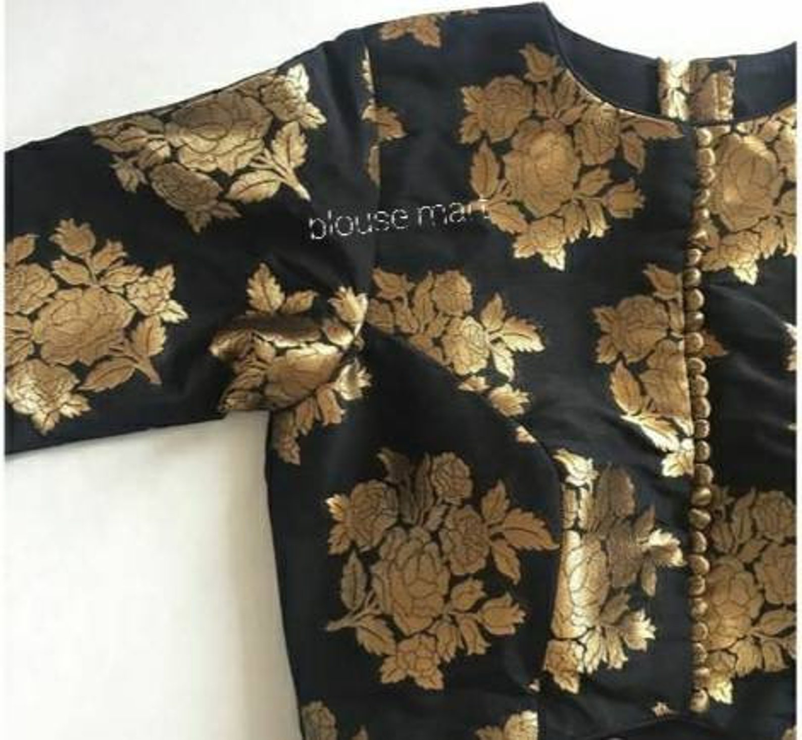 Black Brocade Blouse With Elbow Sleeves, Princesscut Blouse, Saree ...