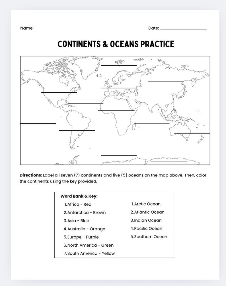 Continents and Oceans Worksheet | Geography Practice (PDF) - Etsy