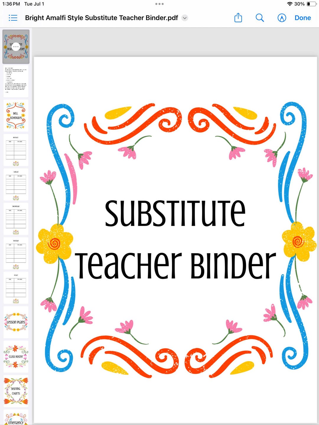 Bright Substitute Teacher Binder – Amalfi Design, 19-page (digital ...