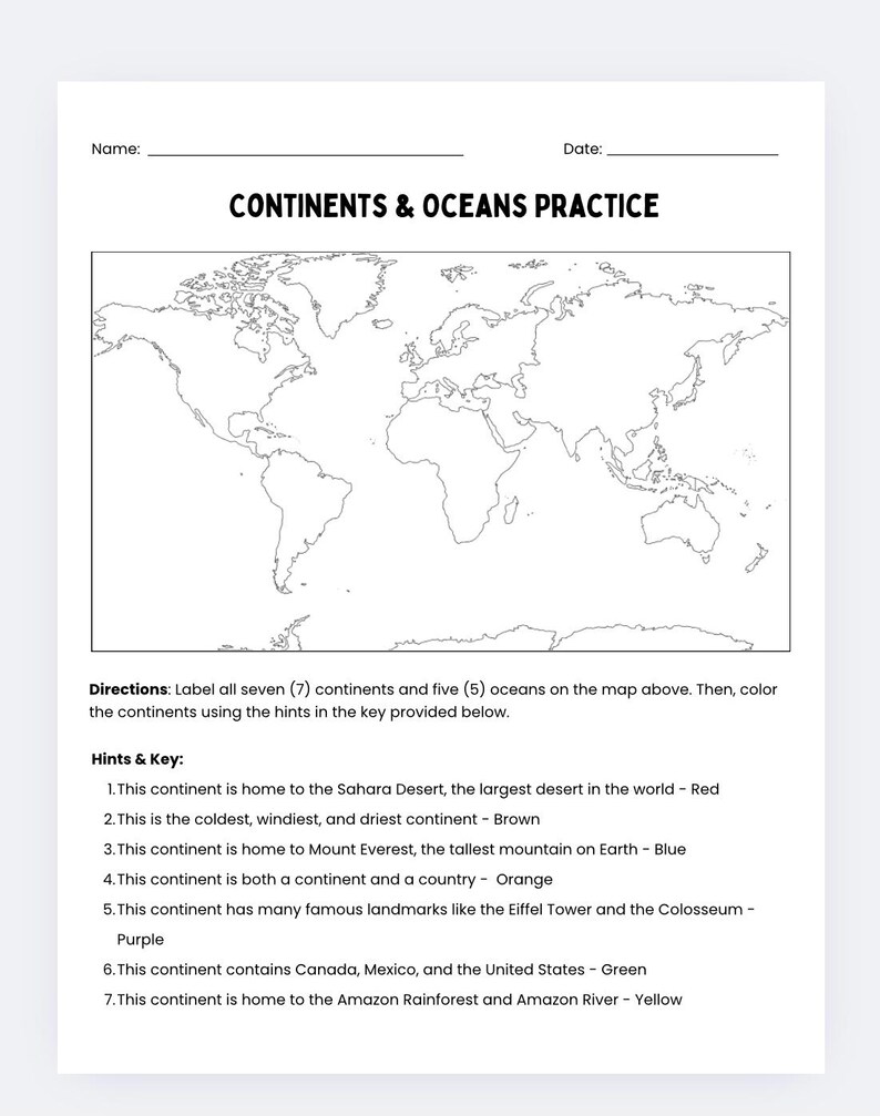 Continents and Oceans Worksheet | Geography Practice (PDF) - Etsy
