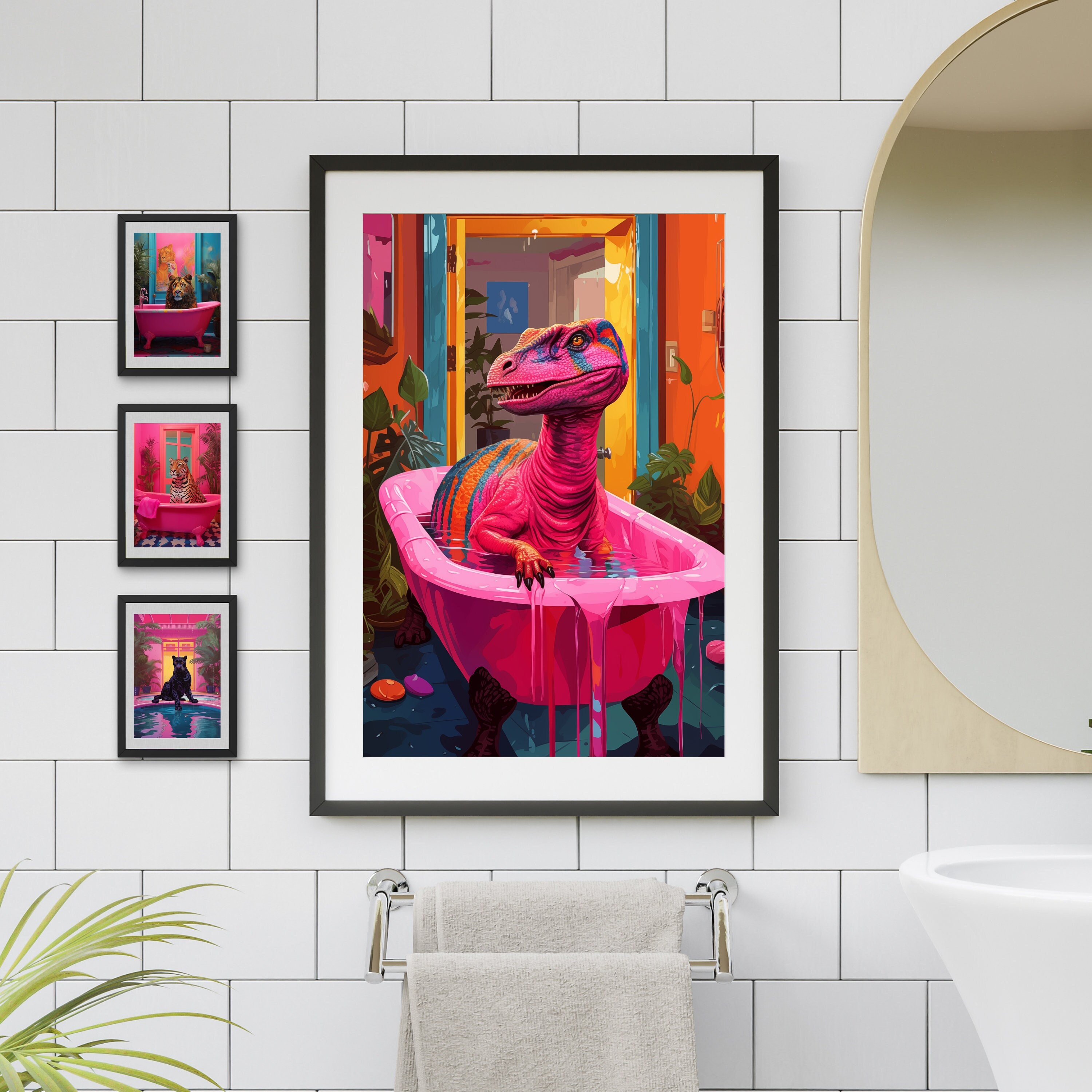 Maximalist Bathroom Wall Art, Dinosaur in a Bath Print, Dopamine Decor ...