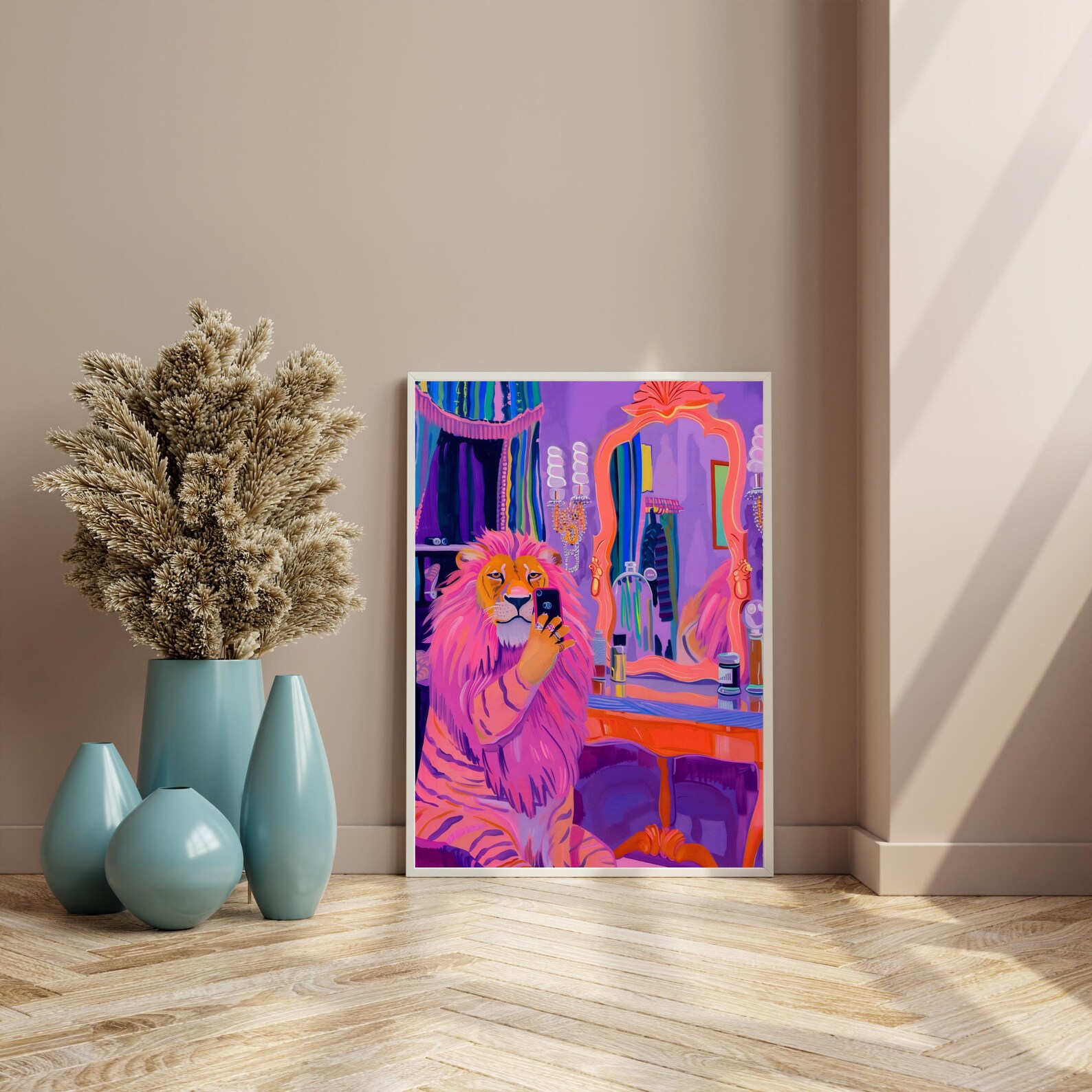 Colorful Lion Selfie Art Print, Maximalist Jungle Decor - Etsy