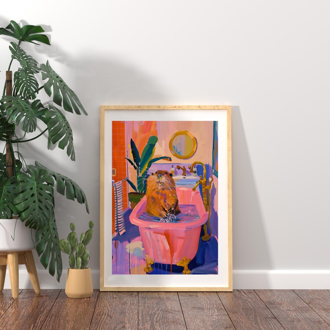 Beaver Taking a Bath Wall Art, Whimsical Bathroom Decor, Maximalist ...