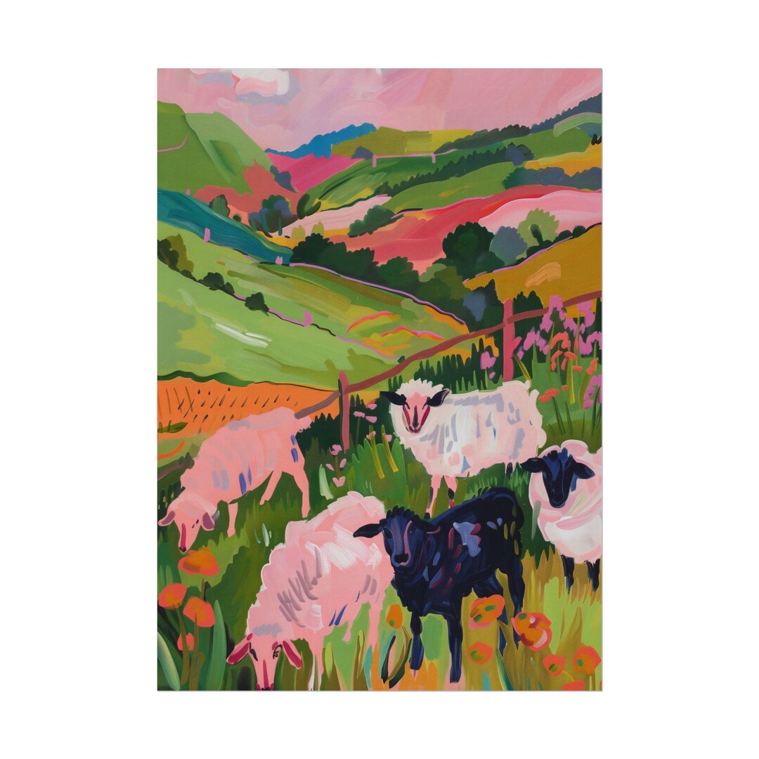 Colorful Sheep Pastoral Print, Maximalist Wall Art, Vibrant Rural Landscape, Farm Animal Decor ...