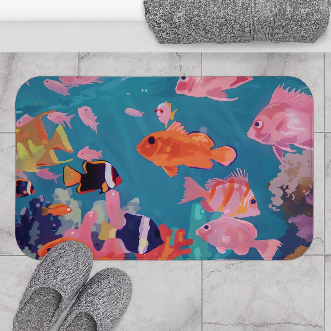 Tropical Fish Bath Mat, Colorful Ocean Bathroom Rug, Underwater Decor ...