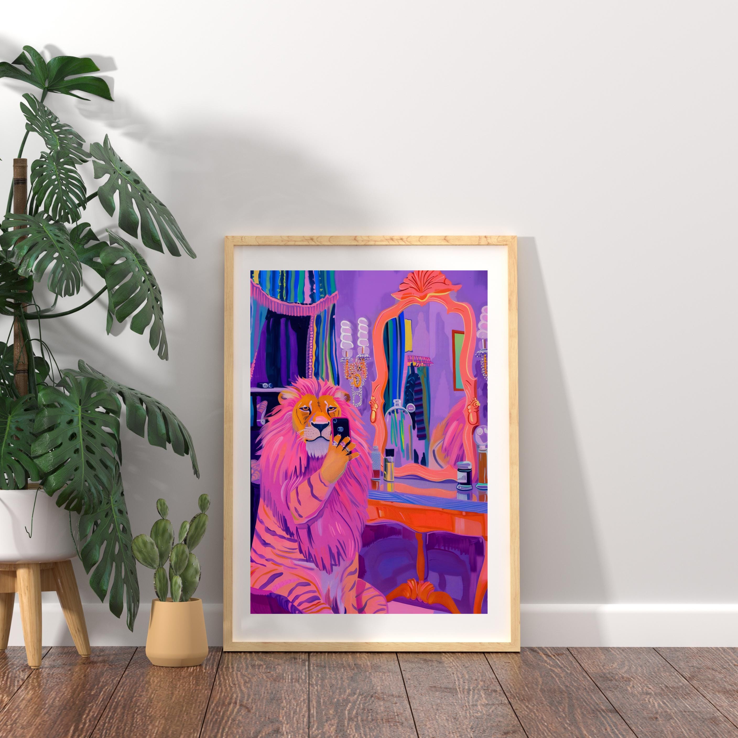Colorful Lion Selfie Art Print, Maximalist Jungle Decor - Etsy