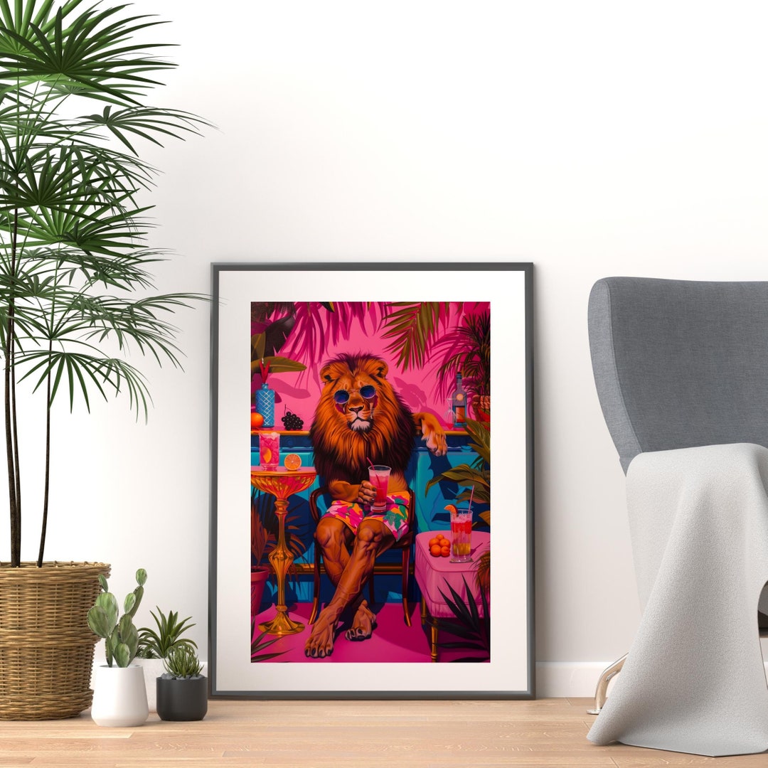 Tropical Lion Wall Art, Tiki Wall Art Maximalist Jungle Poster, Cool ...