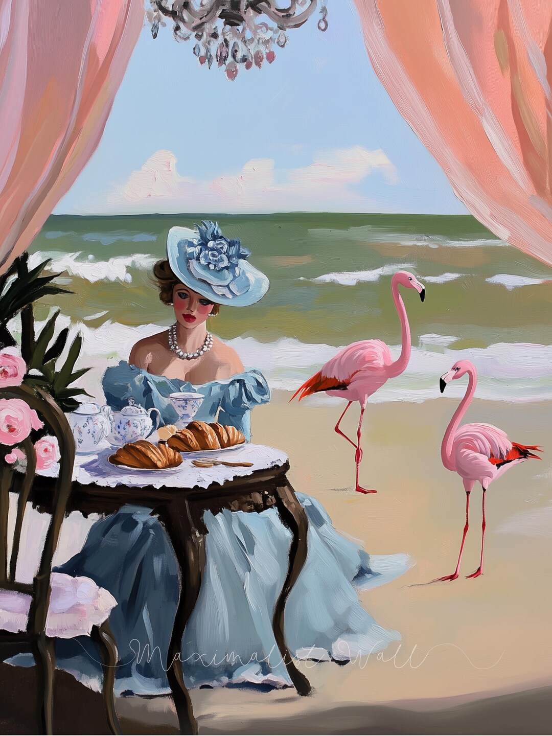 Elegant Beach Tea Party Art | French Lady & Flamingos Print ...