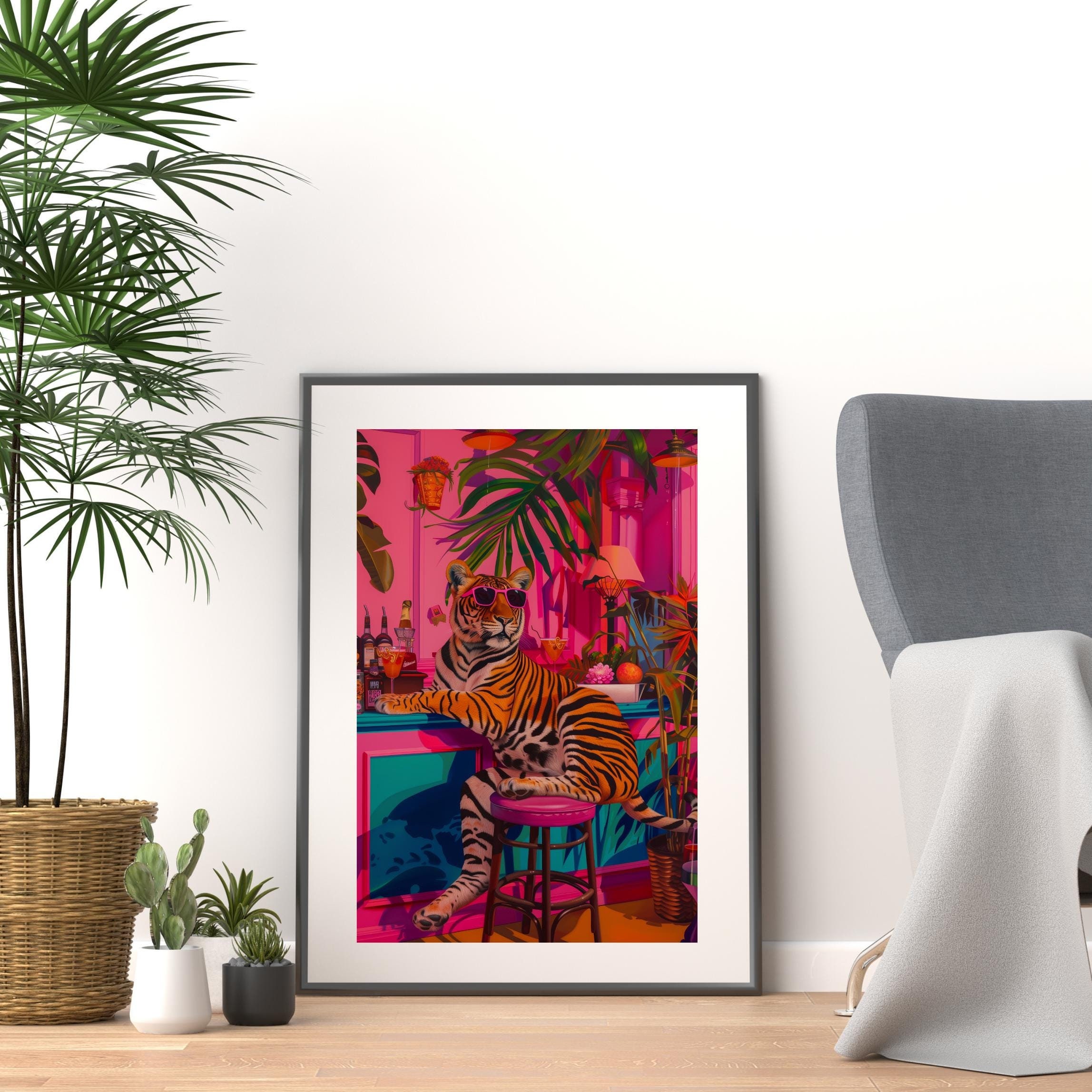 Funky Tiger Jungle Wall Art, Tropical Artwork, Pink Retro Tiki Bar ...