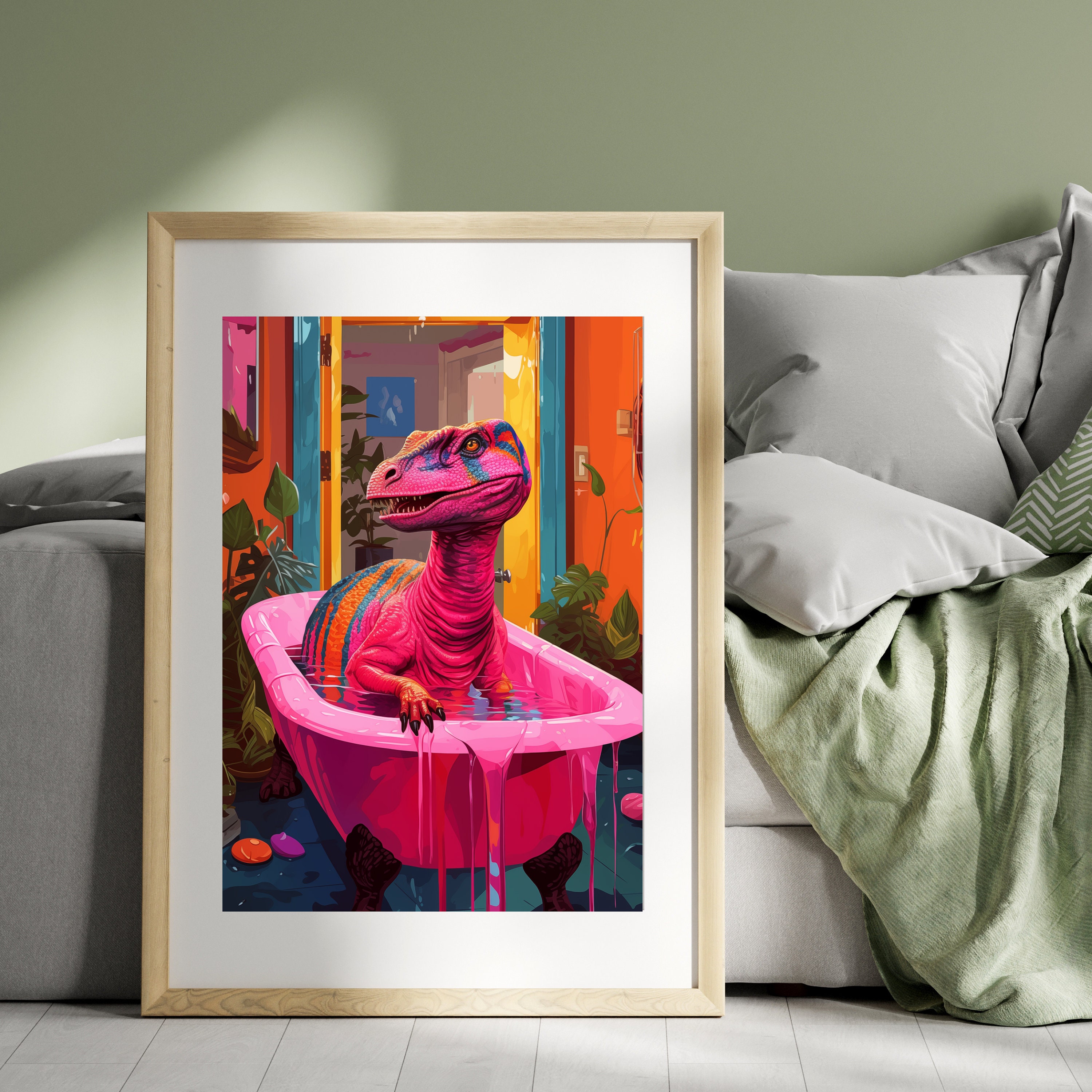 Maximalist Bathroom Wall Art, Dinosaur in a Bath Print, Dopamine Decor ...