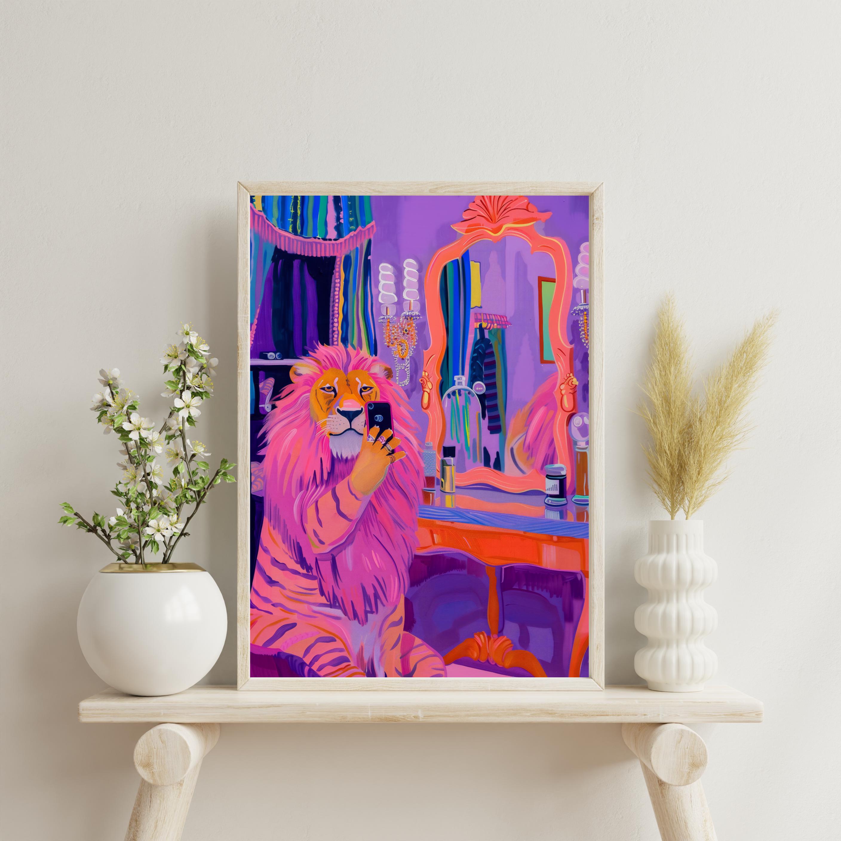Colorful Lion Selfie Art Print, Maximalist Jungle Decor - Etsy
