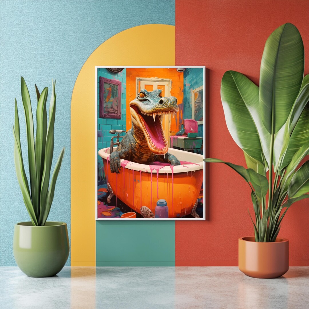 Bathroom Art, Quirky Alligator Bathtub Art, Maximalist Bathroom Decor ...