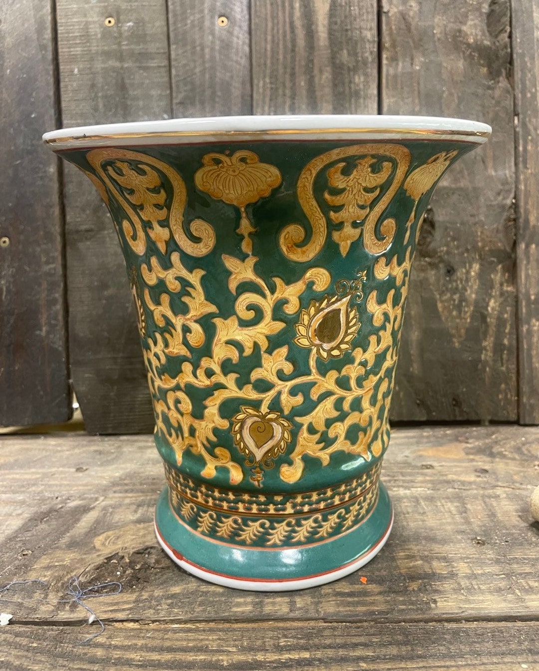 Green and Gold Vase, Vintage Chinese Vase, Hand Painted Planter ...