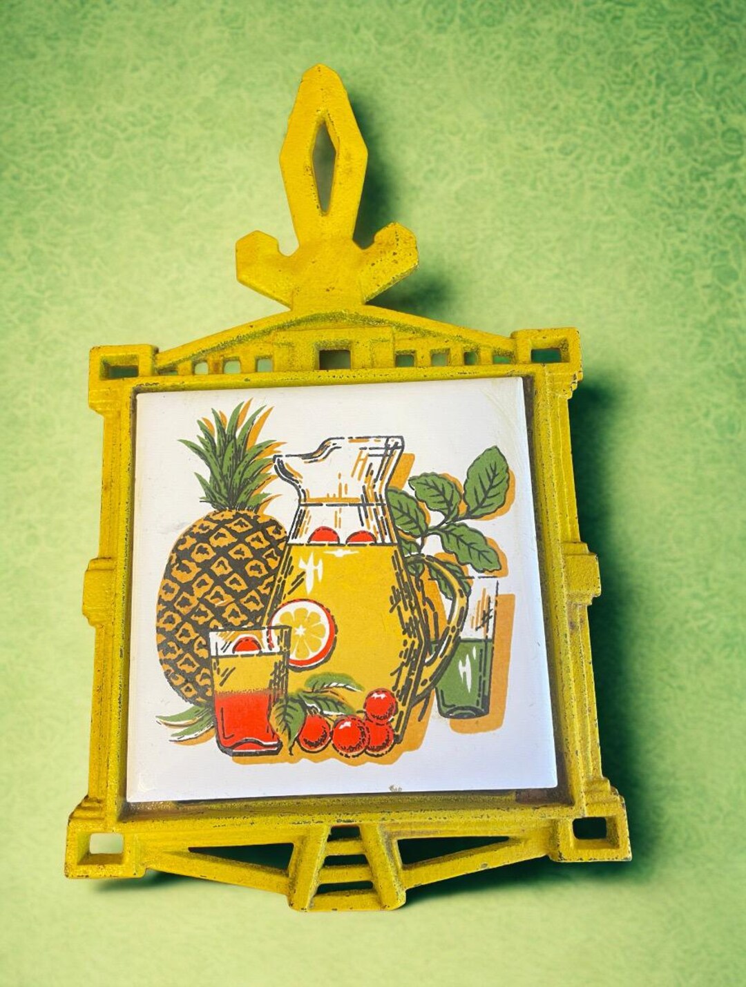 Vintage Mustard Yellow Trivet: Pineapple Lemonade Ceramic Cast Iron ...
