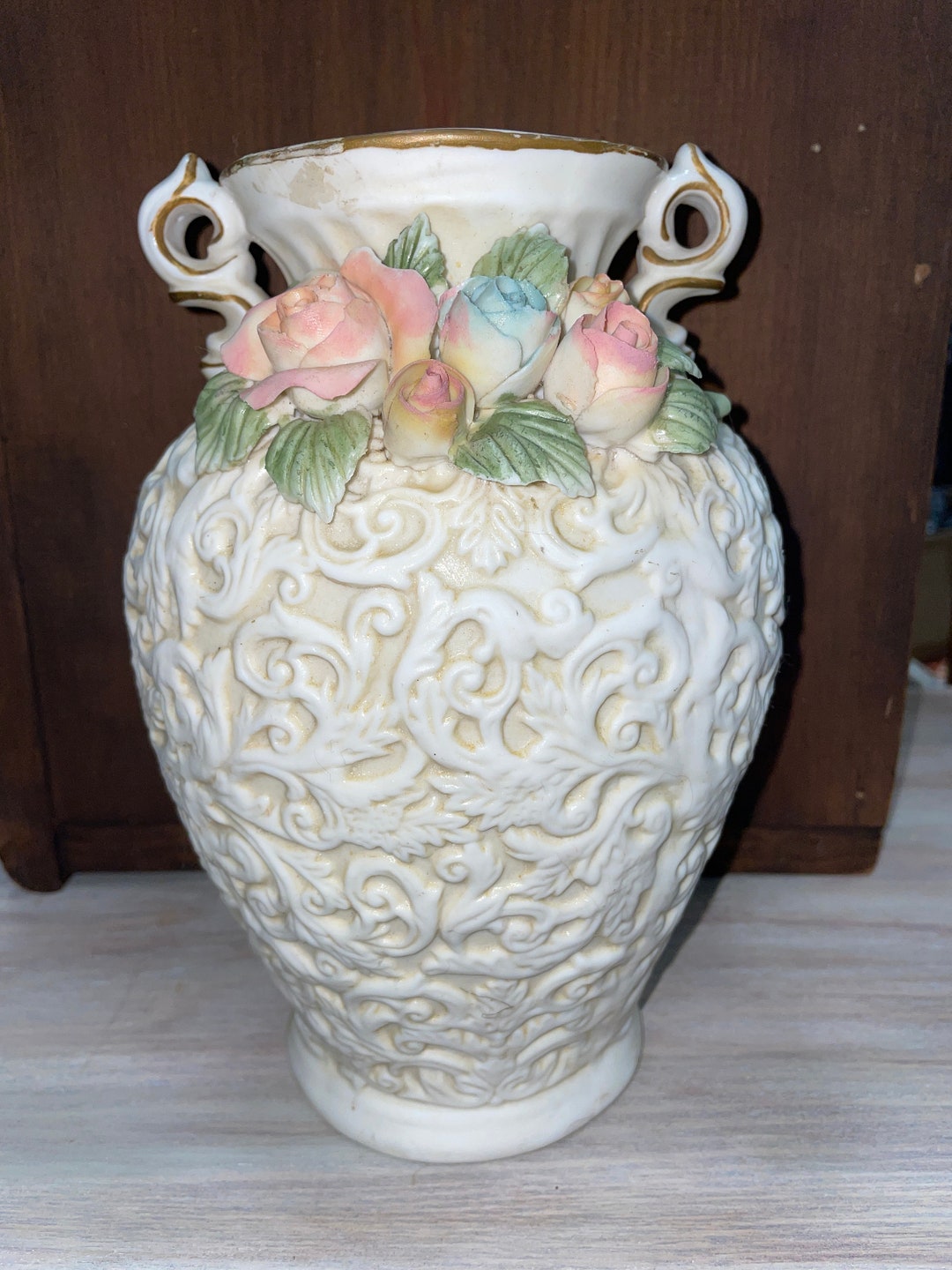 Textured Spring Vase, Stucco Style White Washed Vase With Roses ...