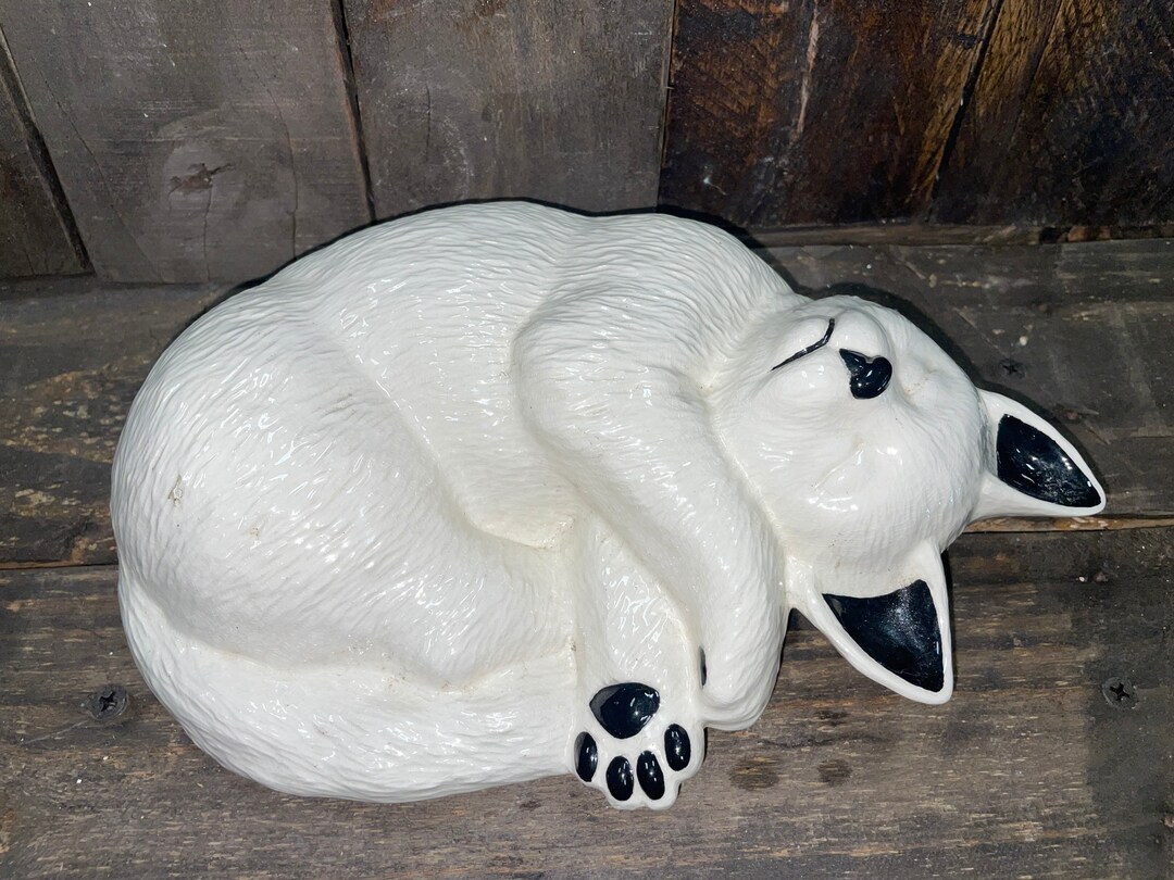 Vintage Ceramic Cat, Napping Cat Statue, Black and White Cat Figurine ...