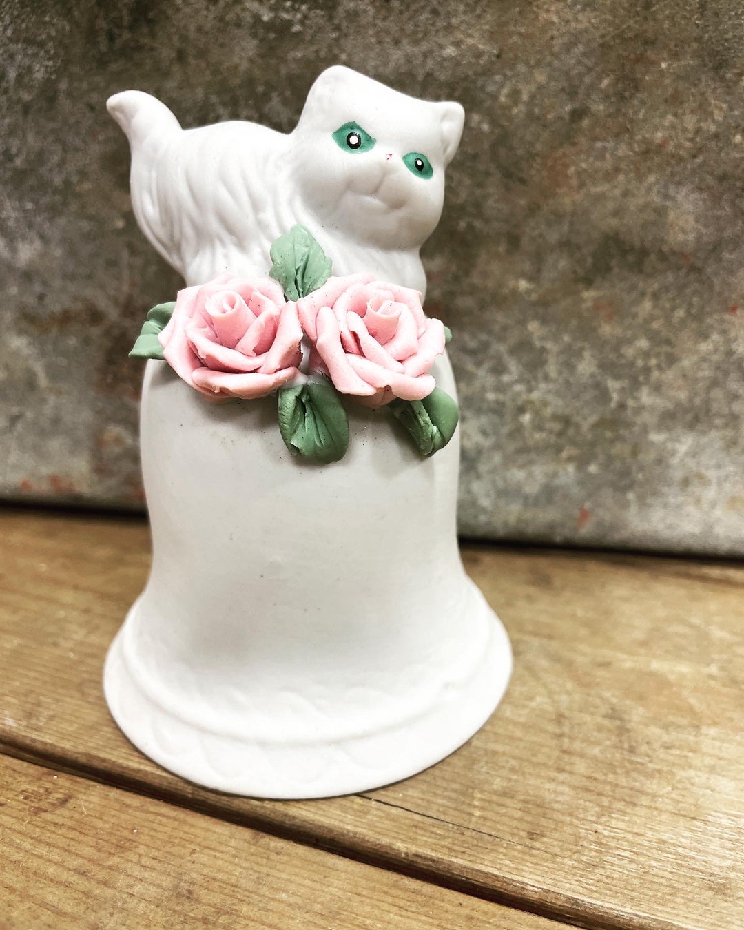 Porcelain Cat Bell,green Eyed Cat,vintage Bell With Cat, Pink Roses and ...