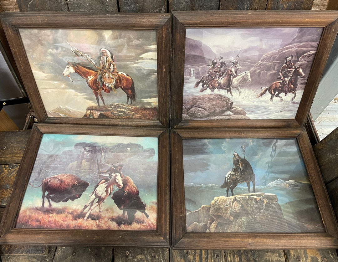 Vintage Native American Framed Art, Set of Four Western Pictures, Ranch ...