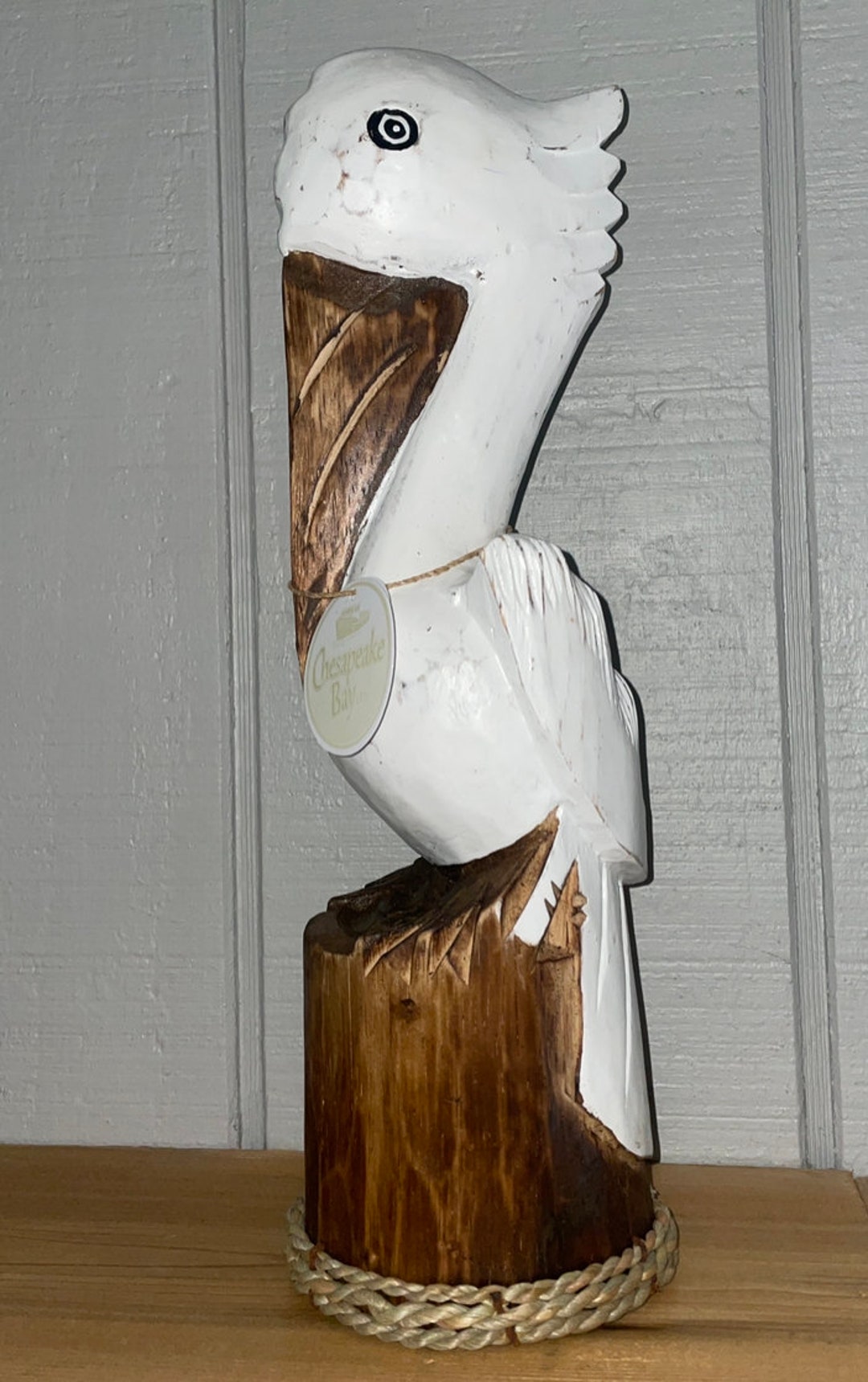 Wooden Pelican Figurine, Nautical Bird Decor, Pelican on Post, Beach ...