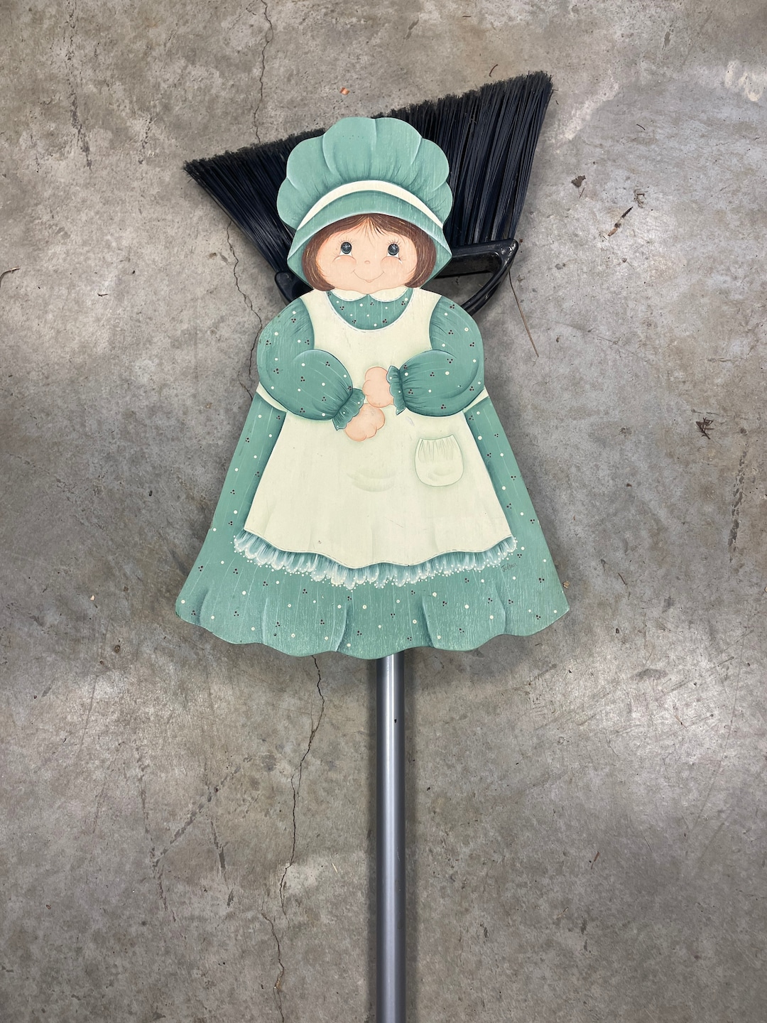 Vintage Broom Holder, Lady With Bonnet Hand Painted Broom Rack, Kitchen ...