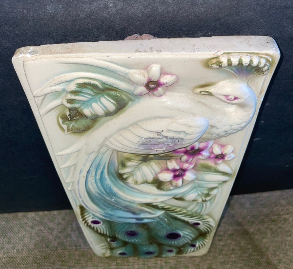 Vintage Peacock Wall Plaque Midcentury Modern Bird Art Chalk Etsy