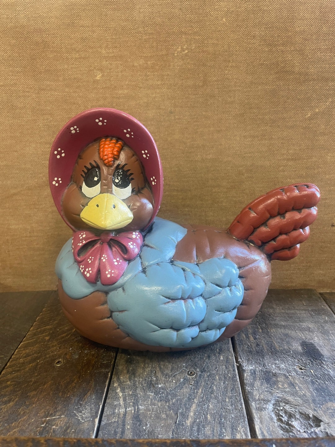 Vintage Chicken Figurine, Quilted Ceramic Hen in Bonnet, Hand Painted ...