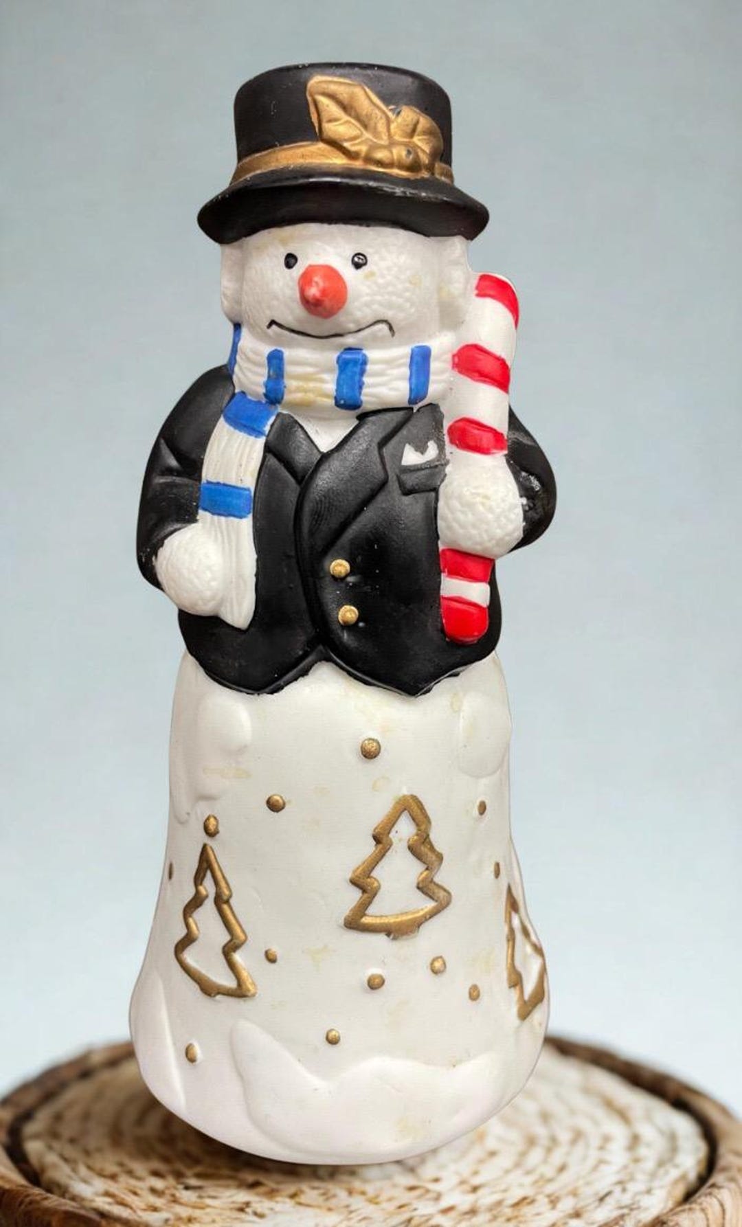 Vintage Snowman Bell: Ceramic Holiday Figurine With Candy Cane - Etsy