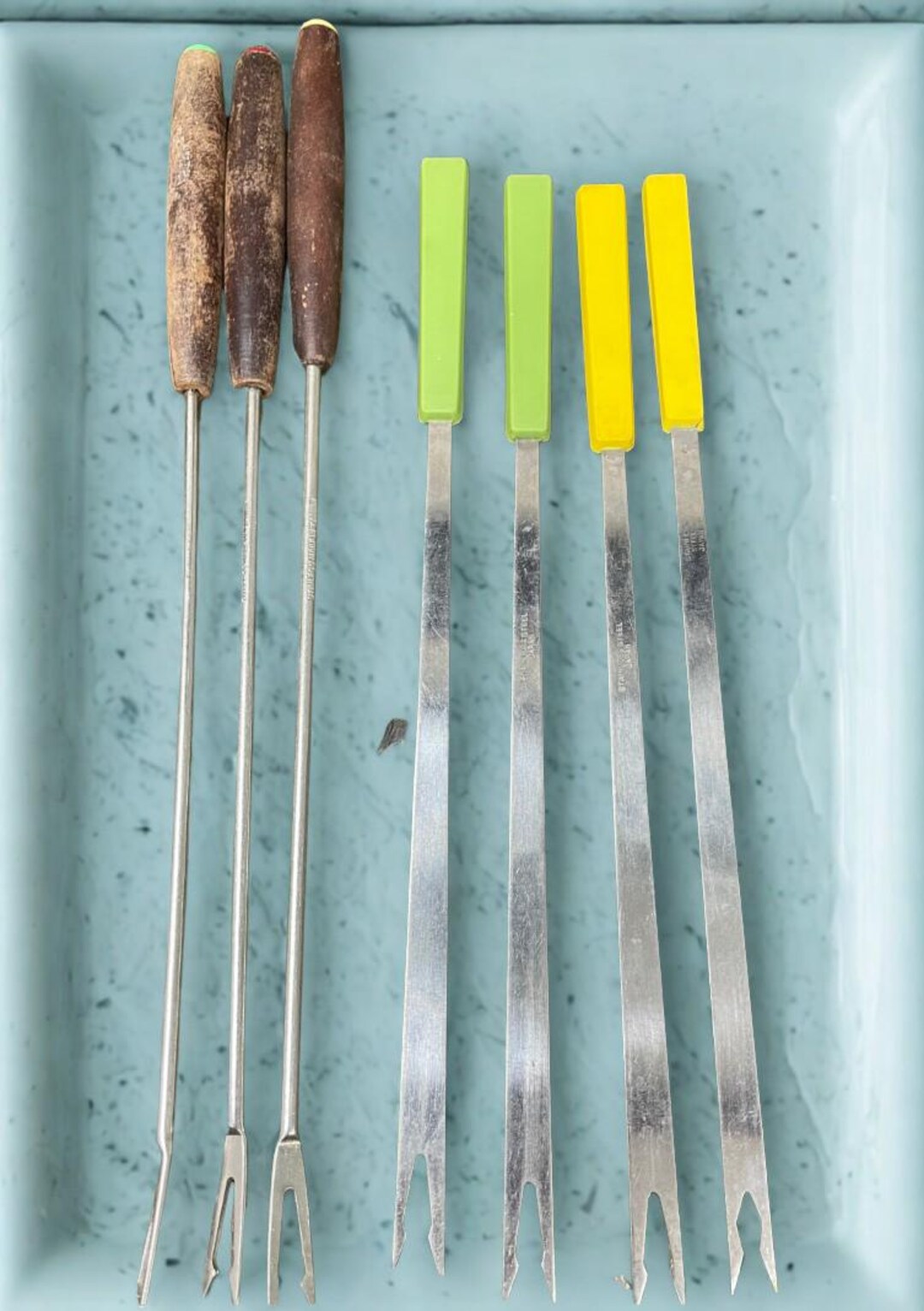 Retro Fondue Forks: Stainless Steel With Wood & Colored Handles, Set of ...